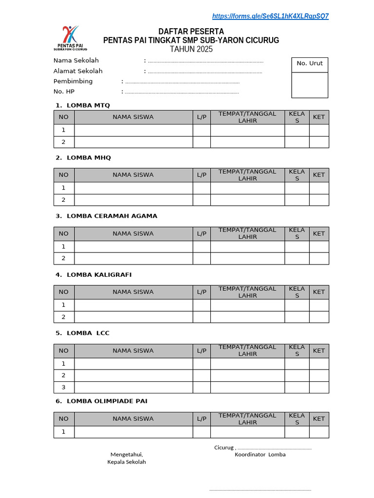 Form Pendaftaran & Biodata Peserta Pentas PAI 2025 | PDF
