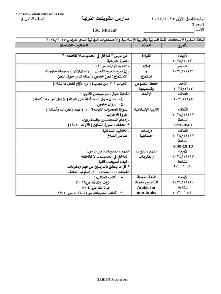 2425 Gr8 Arabic T1 Final Exam Study List ISC Muscat | PDF