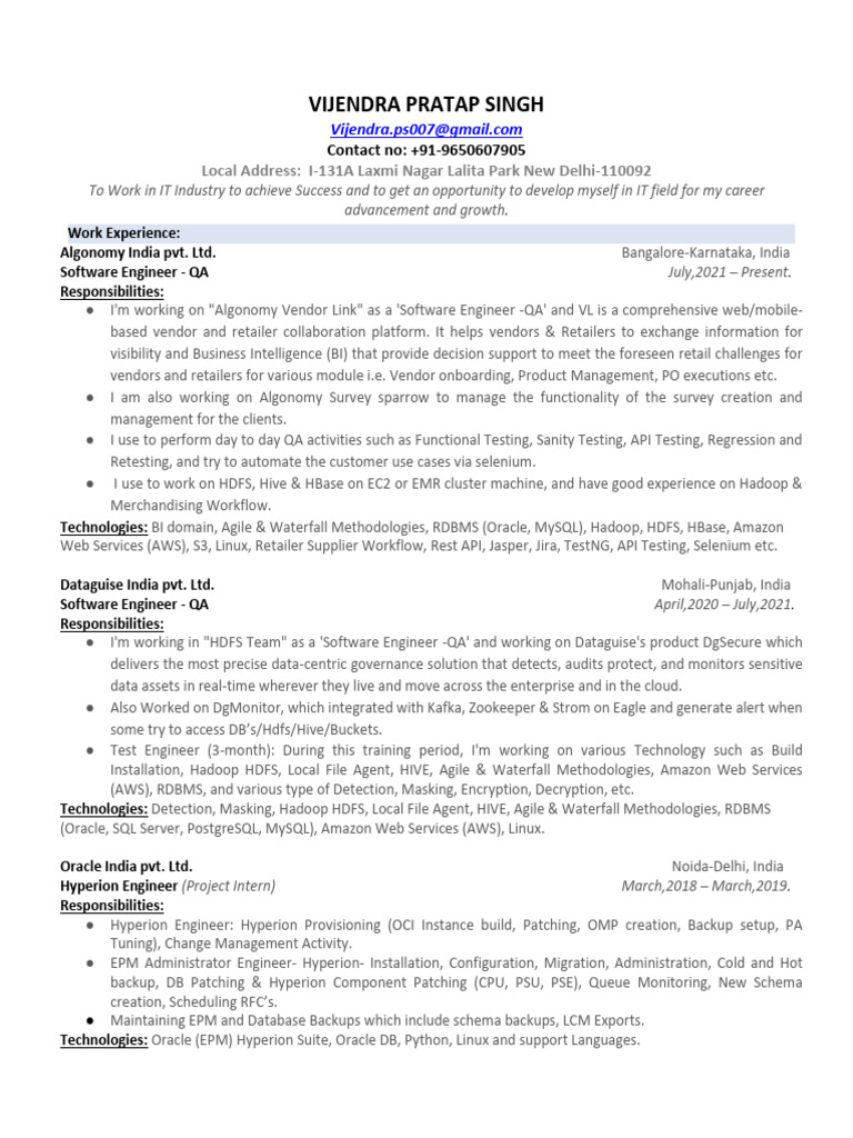 Vijendra Pratap Singh - IT Career Profile | PDF | My Sql | Oracle ...