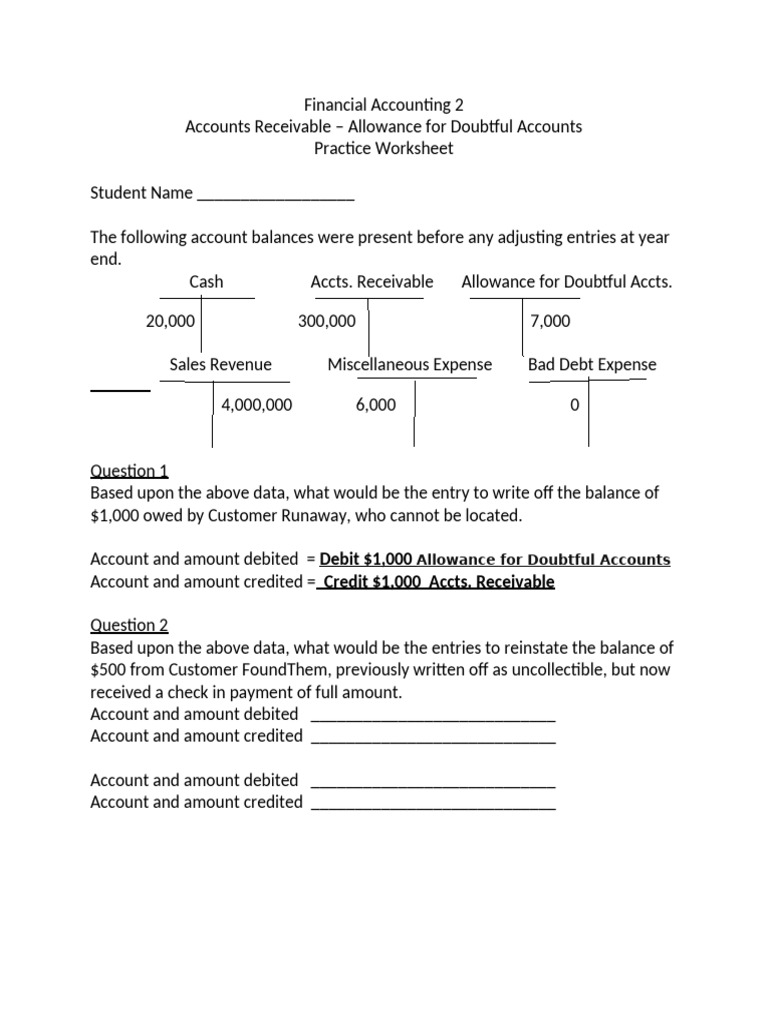 Accounts Rec Allowance Practice Worksheet | PDF | Debits And Credits ...