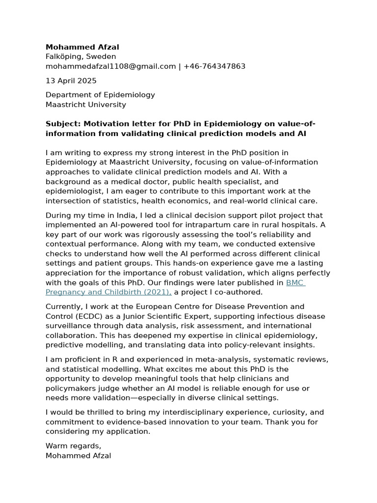 PhD Motivation Letter: Epidemiology at Maastricht | PDF