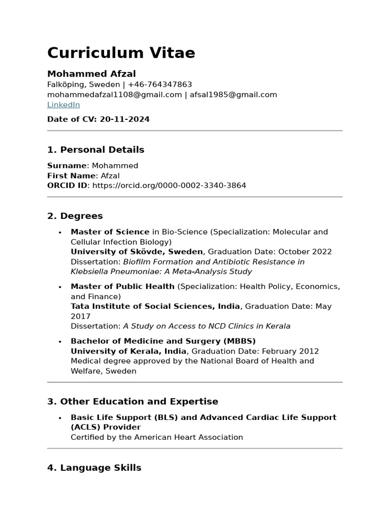 Curriculum Vitae_Mohammed Afzal (1) | PDF | Public Health | Medicine