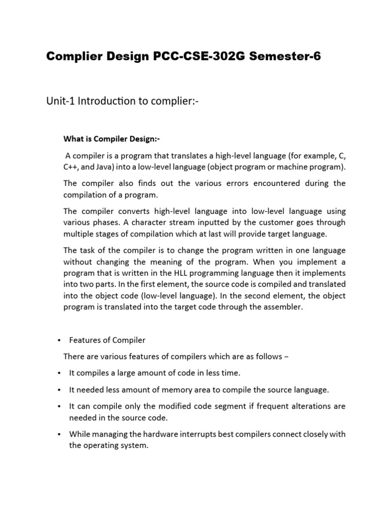 Complier Design Btech 6th Semester - CSE-A-B Unit 01 | PDF | Parsing | Compiler