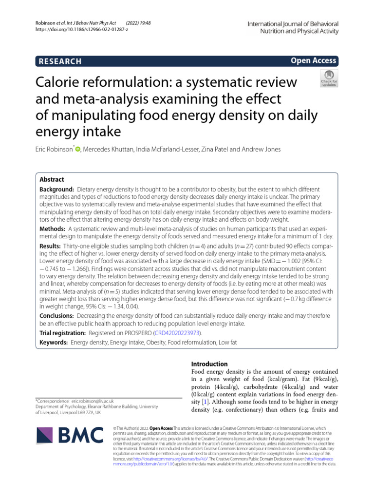 Calorie Reformulation A Systematic Review and Meta-Analysis Examining ...