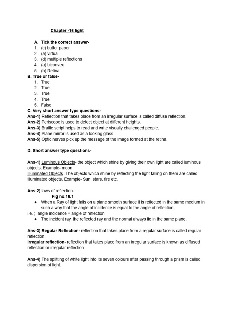 Class 8 Science: Light Q&A | PDF | Eye | Reflection (Physics)