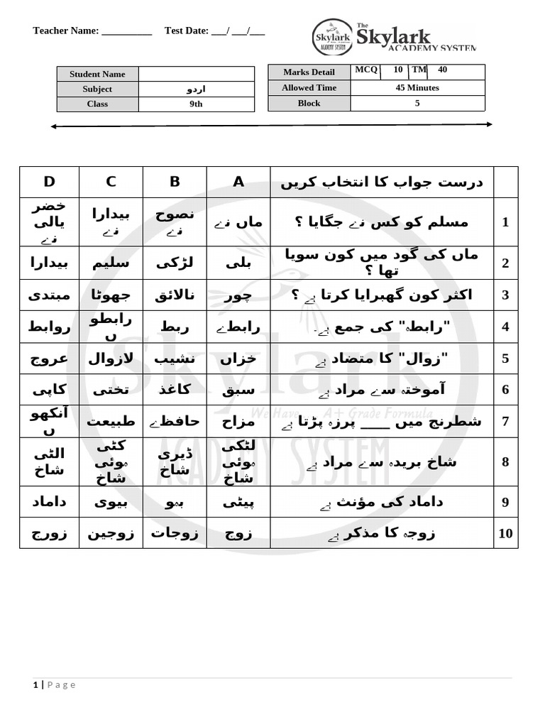 Block 5 Class 9th Urdu | PDF