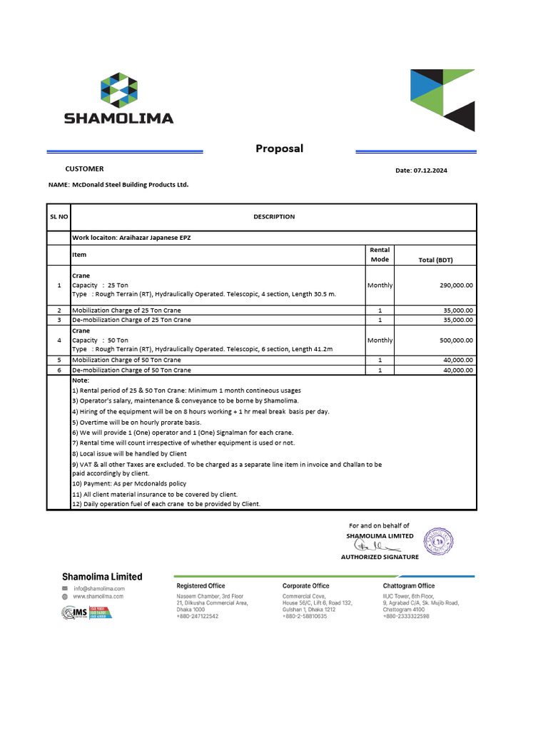 Proposal Crane 07.12.2024 | PDF | Crane (Machine) | Payments