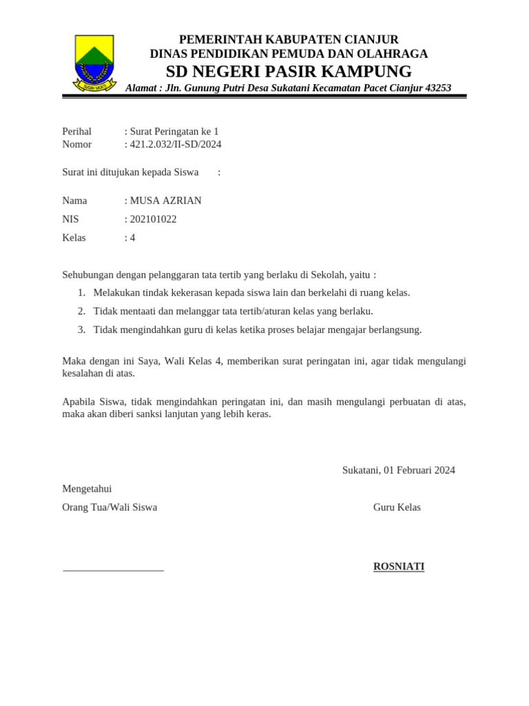 Surat Peringatan Siswa | PDF