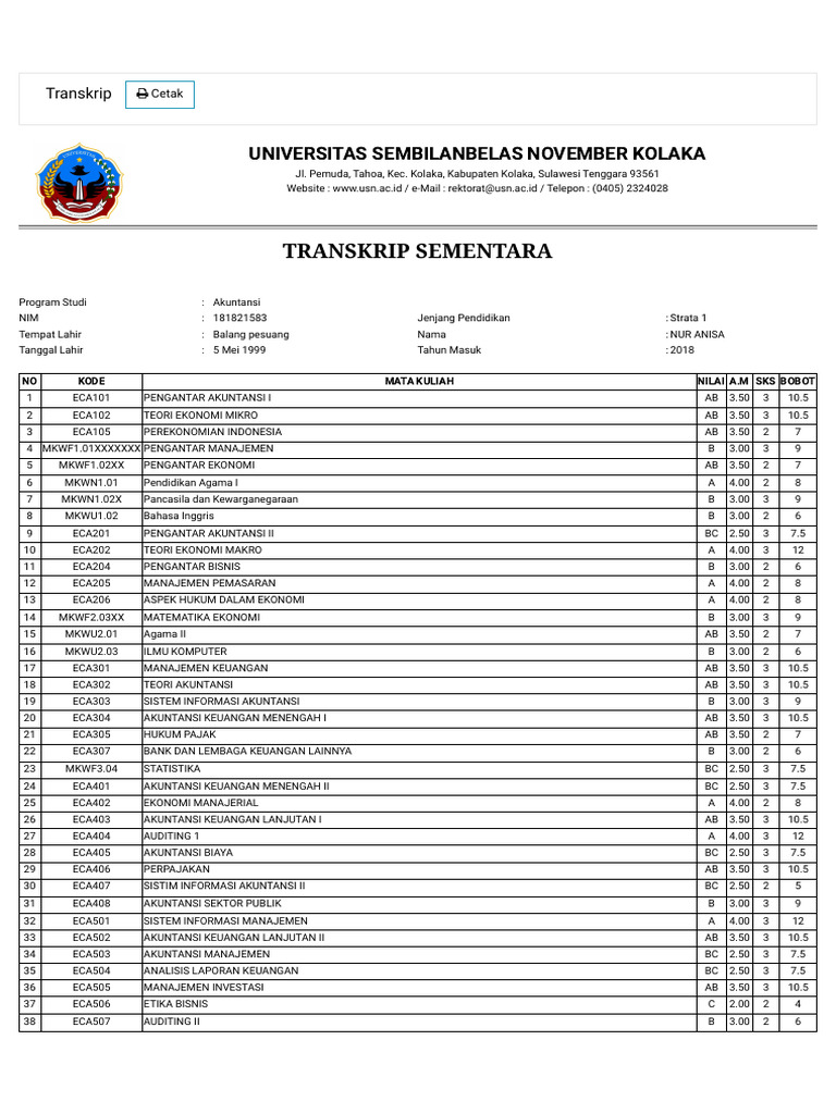 Transkrip Nilai Nisa | PDF