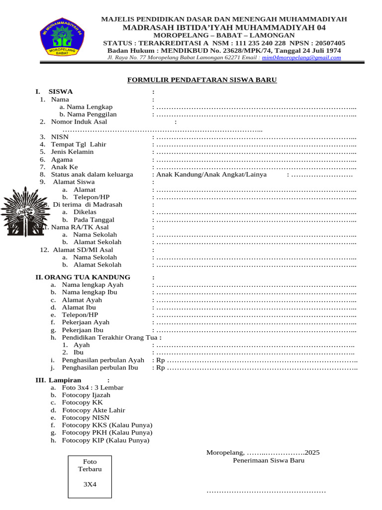 Formulir Pendaftaran Siswa Baru | PDF