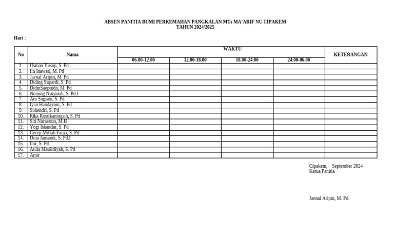 ABSEN PANITIA BUMI PERKEMAHAN 2024-2025 | PDF