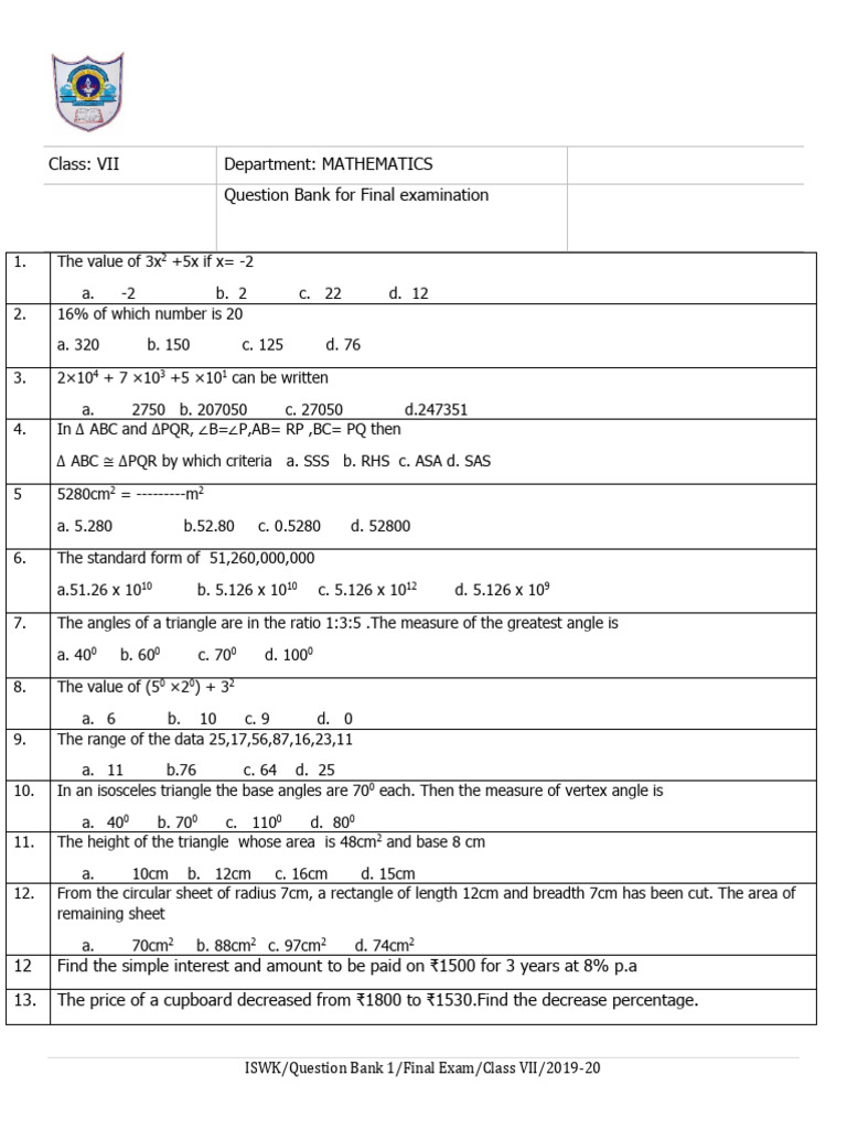 Class 7 Mathematics Question Bank | PDF | Area | Triangle