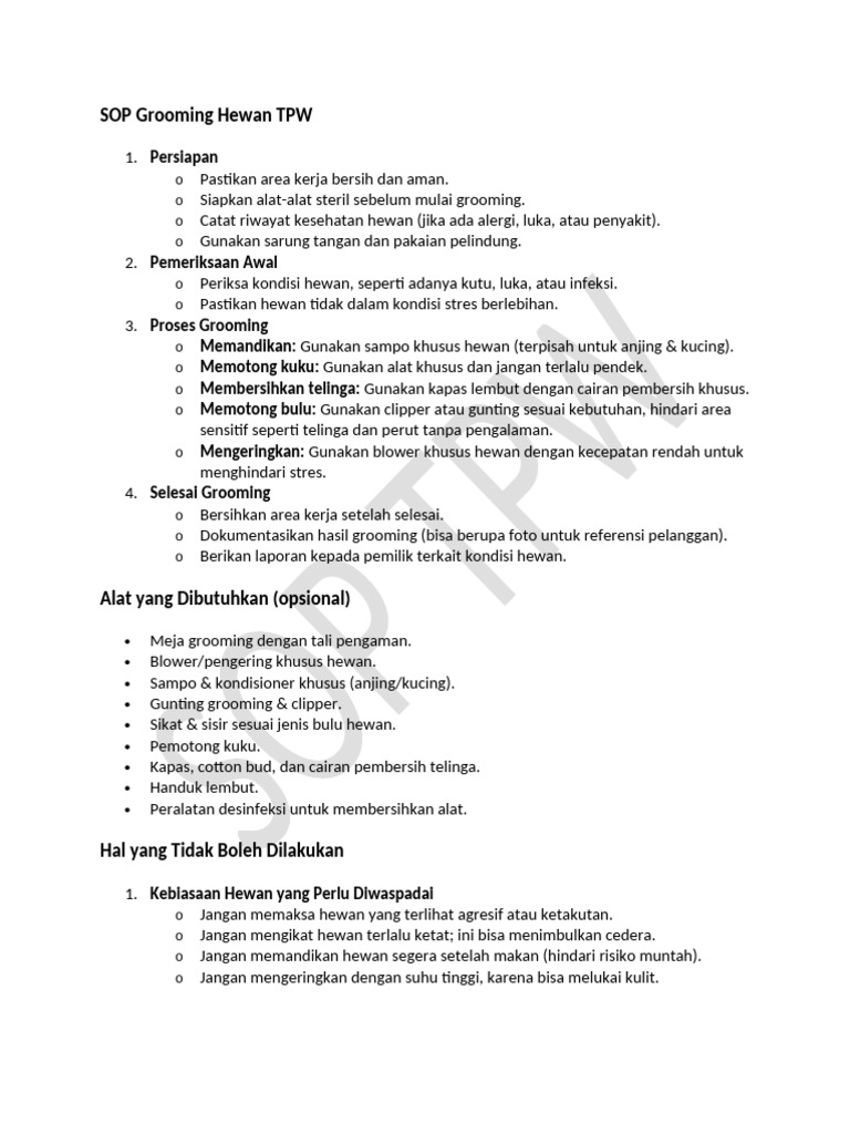 SOP Grooming Hewan TPW | PDF
