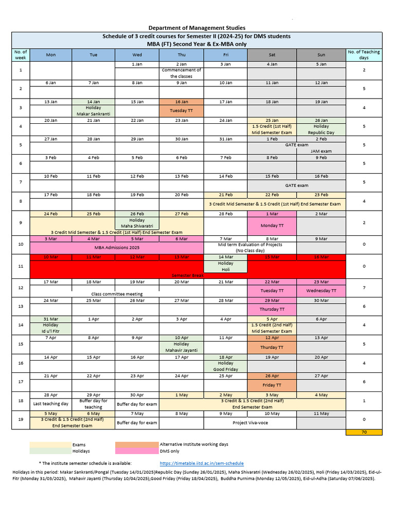 DMS Academic Calendar MBA (FT) Second Year and Ex-MBA Semester II, 2024 ...