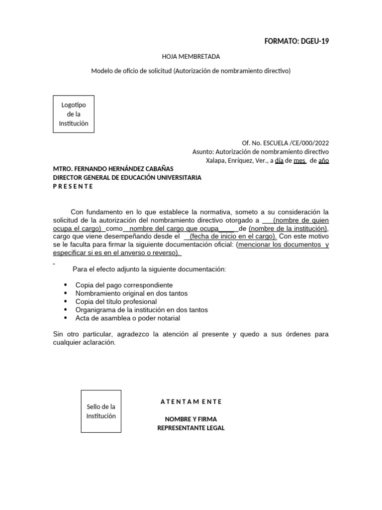 Formato Dgeu 19 Oficio Solicitud-Nombramiento-Directivo | PDF