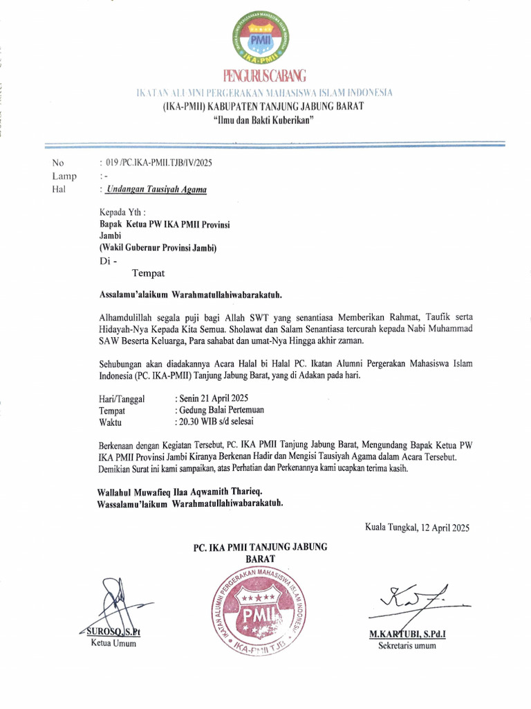 Undangan Tausiah Agama Halal Bihalal Ika Pmii TJB | PDF