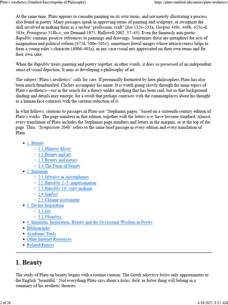 Plato's Aesthetics-Beauty (Stanford Encyclopedia of Philosophy) | PDF ...