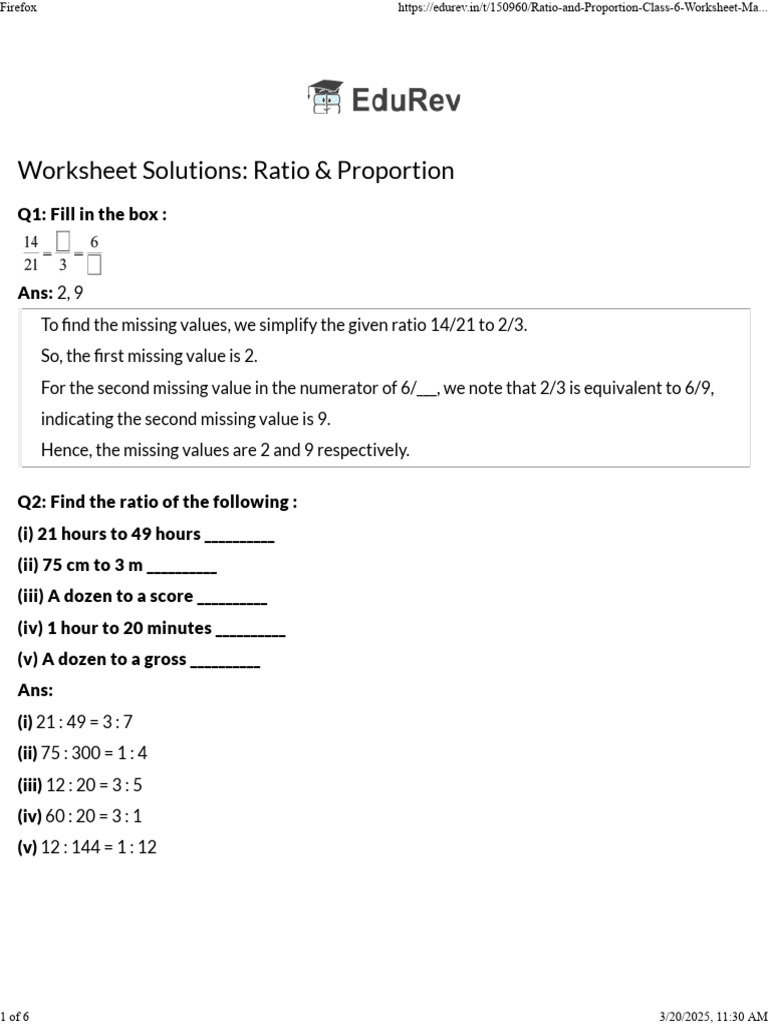 Ratio-and-Proportion-Class-6-Worksheet-Maths-Chapter-12 | PDF | Ratio ...