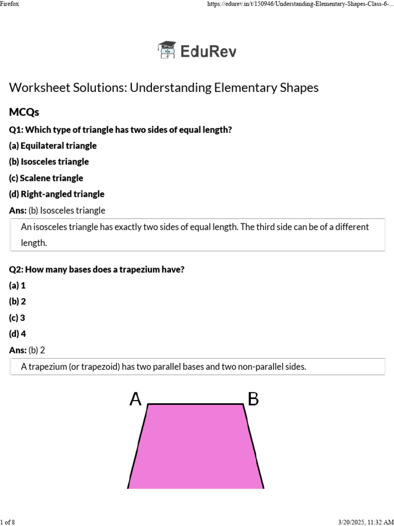 Understanding Elementary Shapes Class 6 Worksheet Maths Chapter 5 | PDF ...