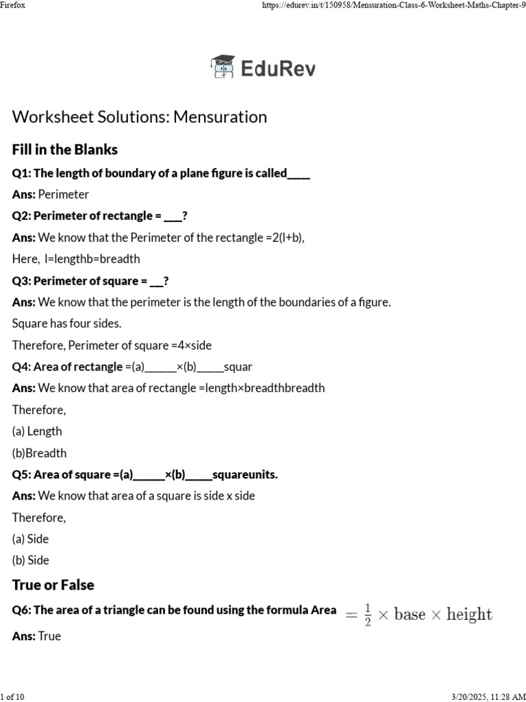 Mensuration Class 6 Worksheet Maths Chapter 9 | PDF | Area | Length