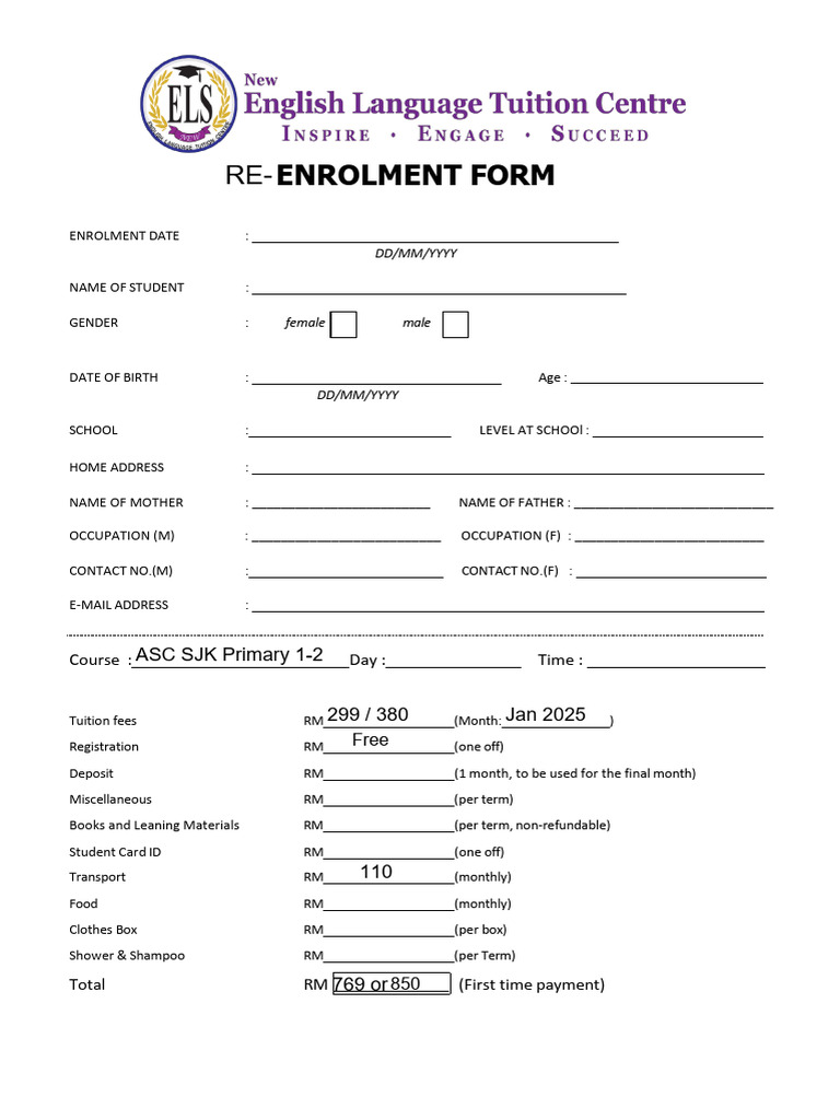Re-Enrolment For 2025 ASC SJK Primary 1-2 (For Current ASC SJK Students Only) | PDF