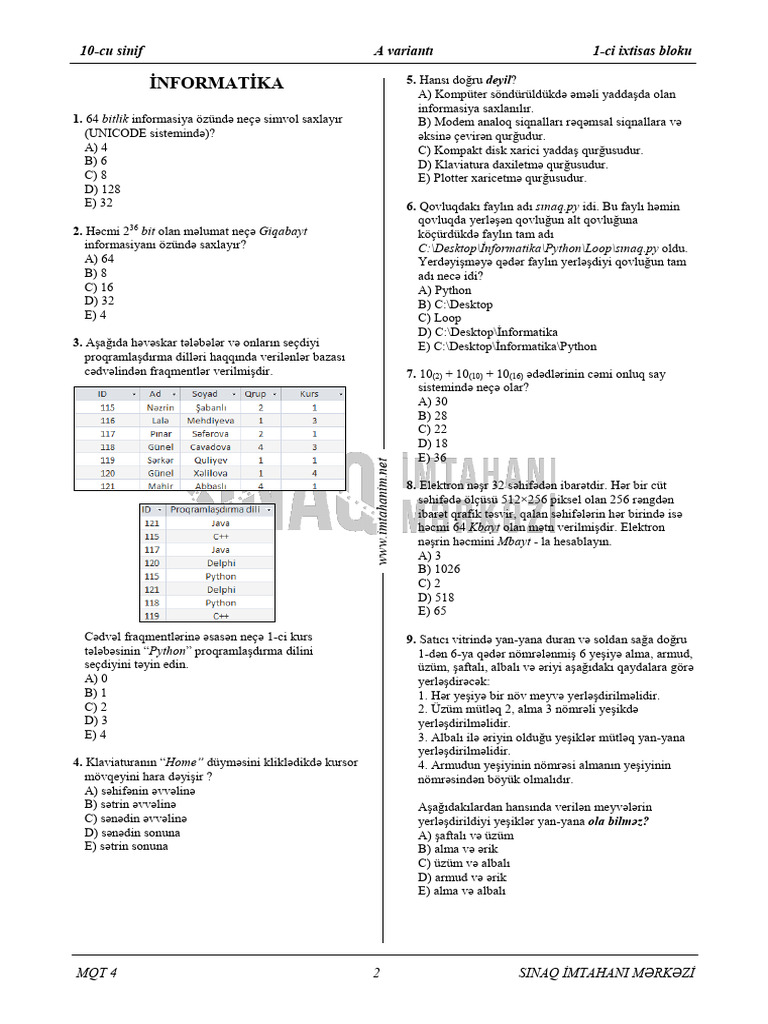 HƏDƏF Informatika 10 Sinif 9 Mart 2025 | PDF