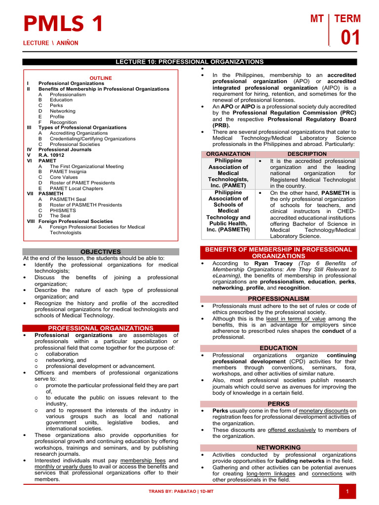 Professional Organizations for Medical Technologists | PDF | Health ...