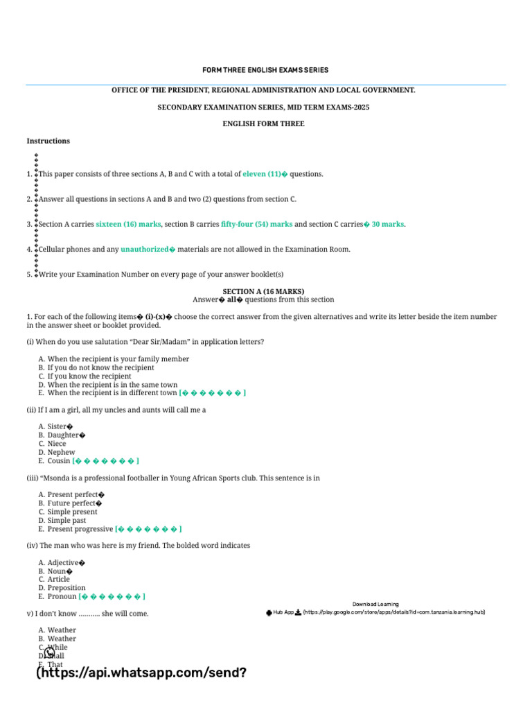 Form Three English Exams Series | PDF | Verb | Poetry