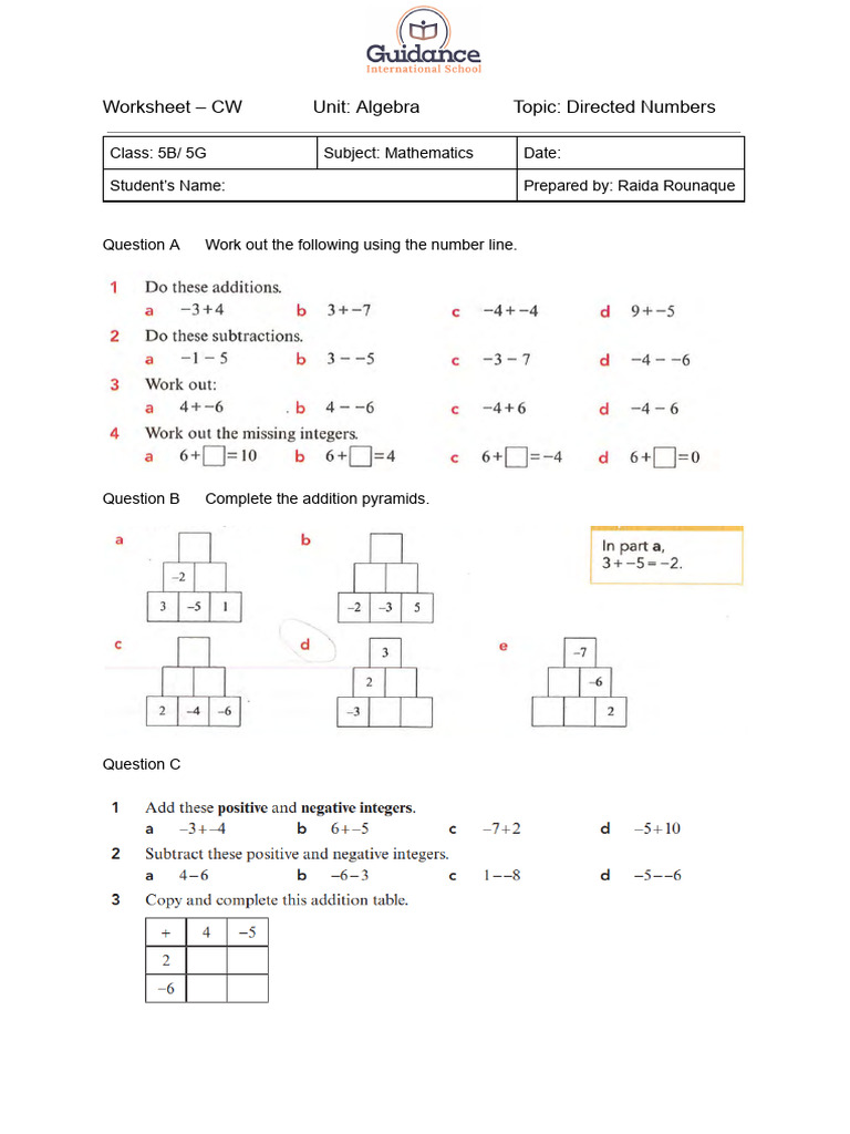 5MTH - Directed Numbers - CW | PDF