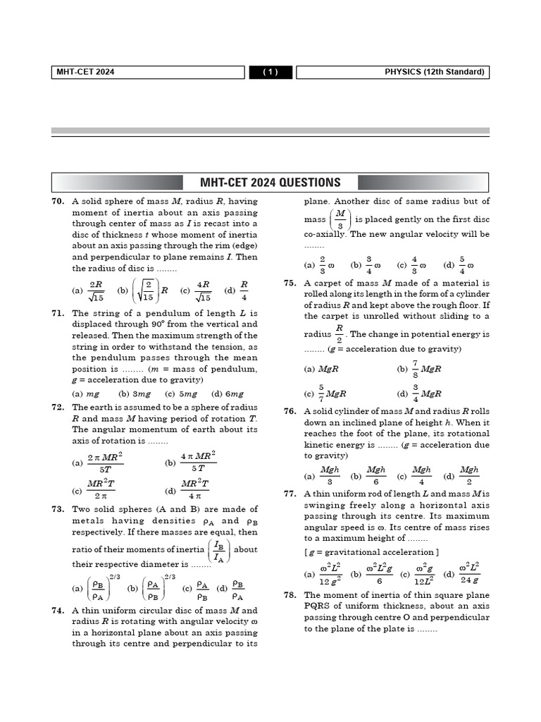 MHT-CET 2024 Questions - 12th Physics | PDF | Rotation Around A Fixed ...