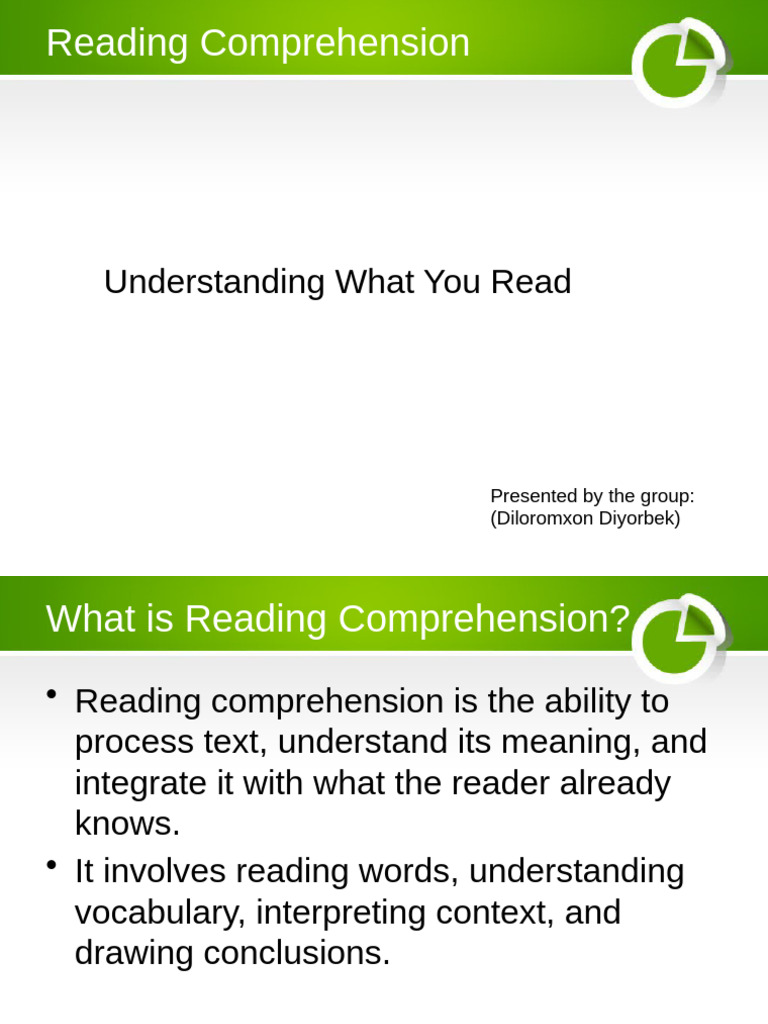 Reading Comprehension by DIYORBEK DILOROMXON | PDF | Reading Comprehension | Cognition