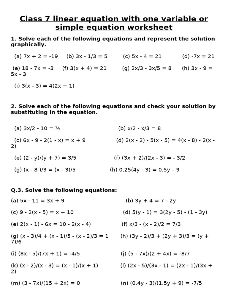 Class 7 Linear Equation With One Variable or Simple Equation Worksheet ...