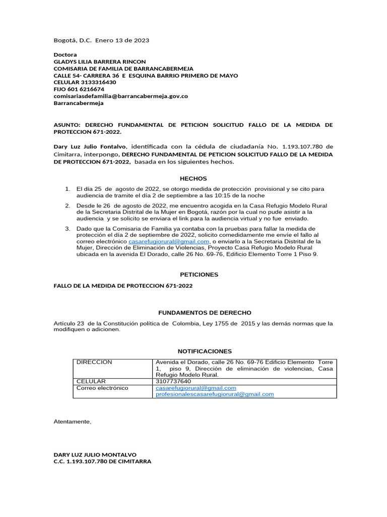 Derecho Peticion Comisaria de Familia Solicitud Fallo MP 671-2022 | PDF