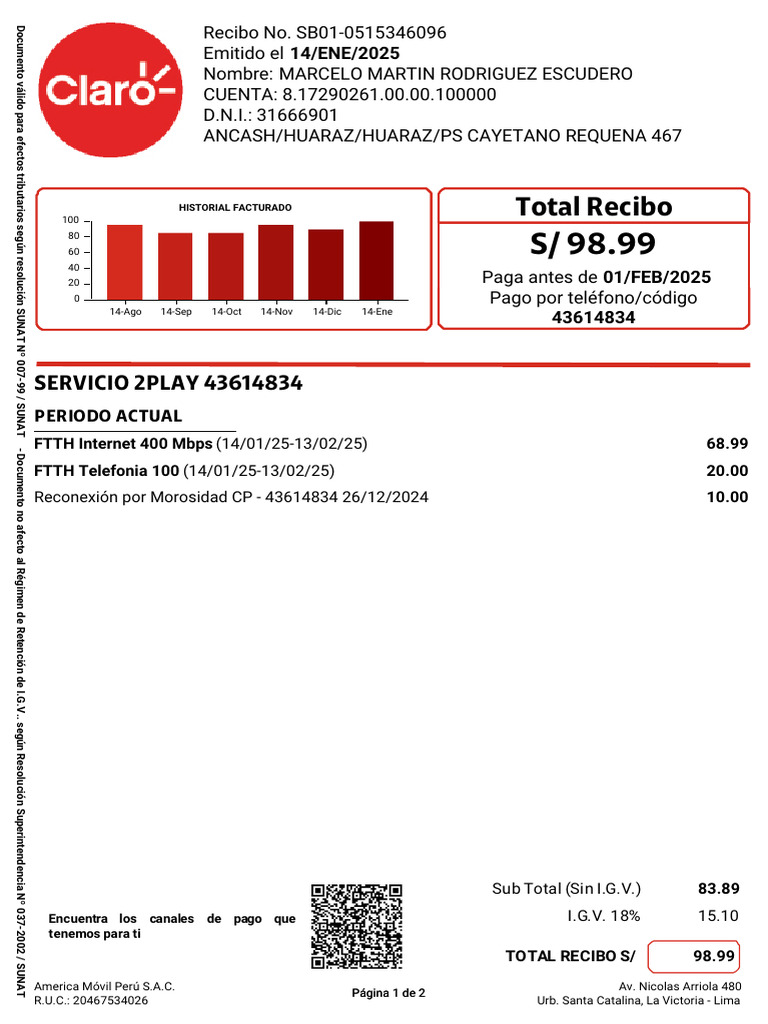 Recibo Claro: Detalles y Pagos | PDF | Telecomunicaciones