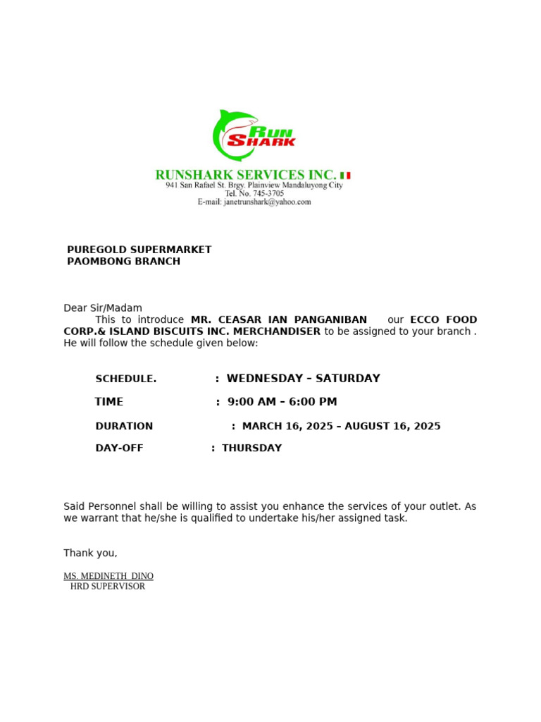 1234 Intro Letter Mr. Ceasar Ian Panganiban PG Paombong Branch | PDF