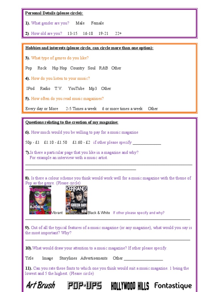 Music Magazine Survey Questionnaire | PDF | Games & Activities