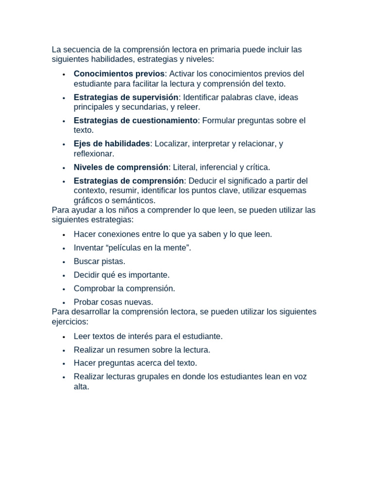 La Secuencia de La Comprensión Lectora en Primaria Puede Incluir Las ...