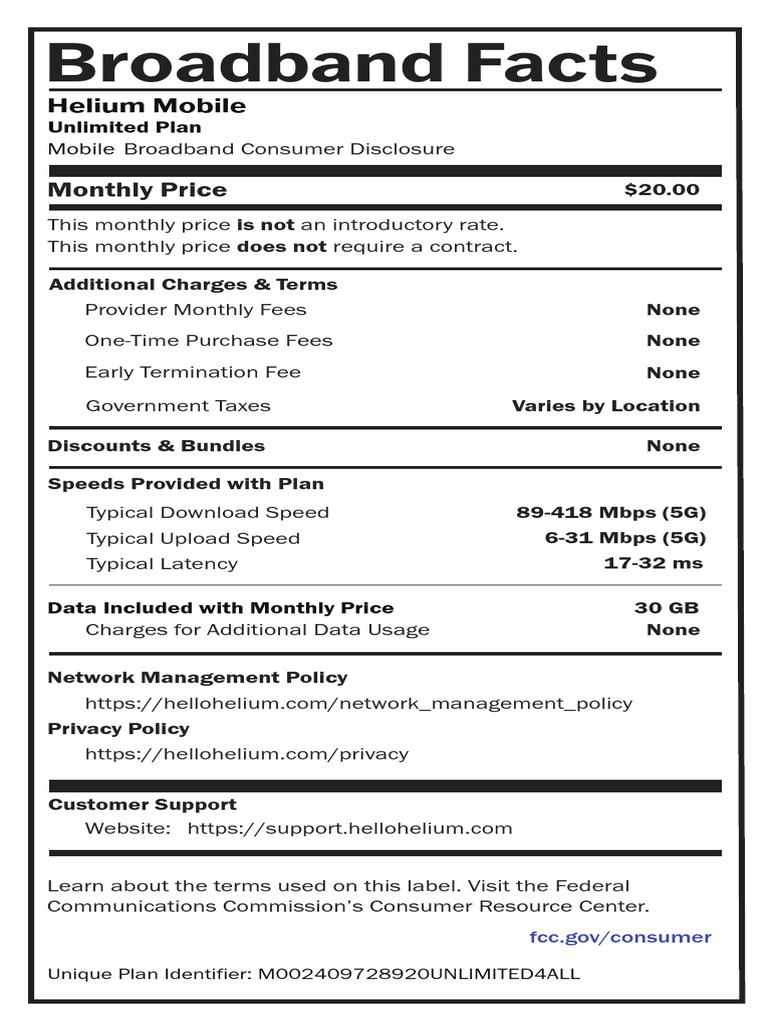 Helium Mobile Unlimited Plan Details | PDF