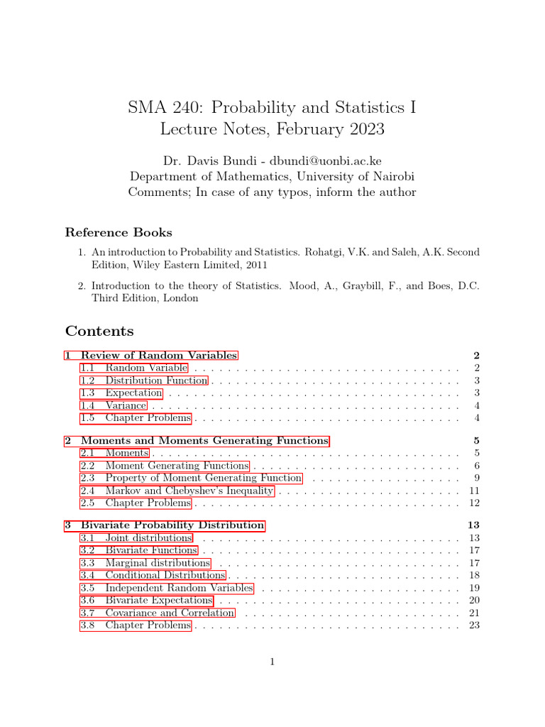 SMA 240 Probability and Statistics 1 Lecture Notes | PDF | Probability ...