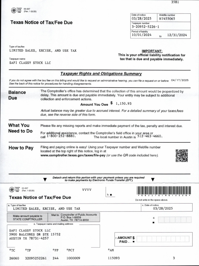 04-01-25 - TX - State Notice - SAFI CLASSY STOCK LLC | PDF