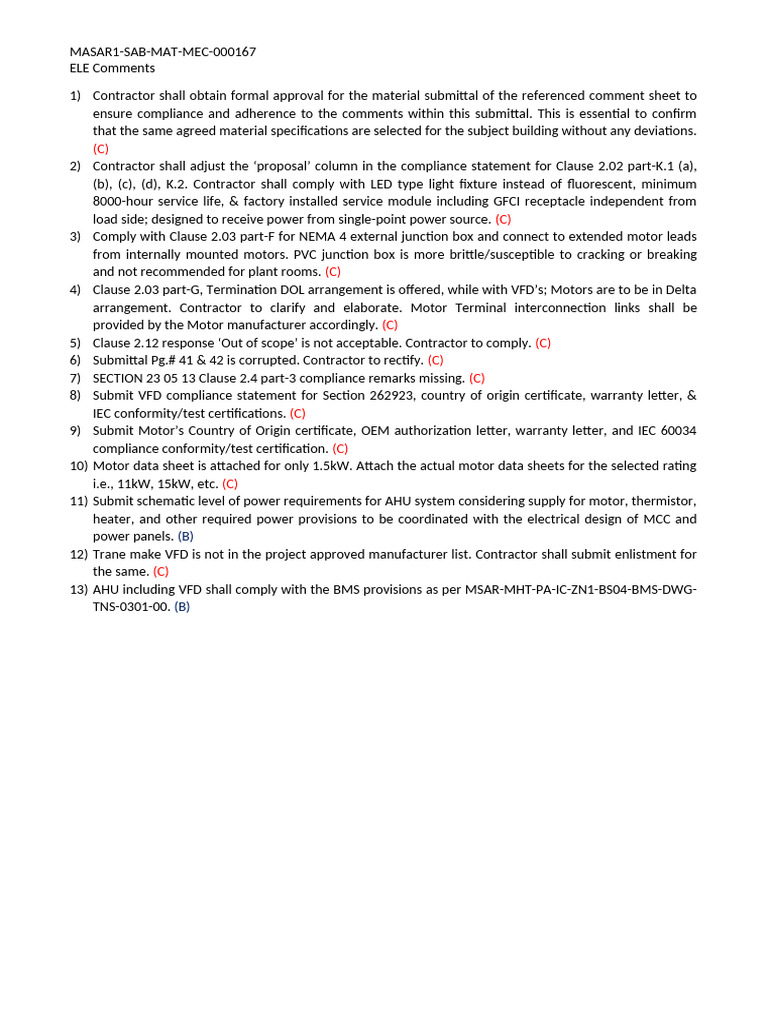 ELE Comments on MASAR1-SAB-MAT-MEC-000167 | PDF