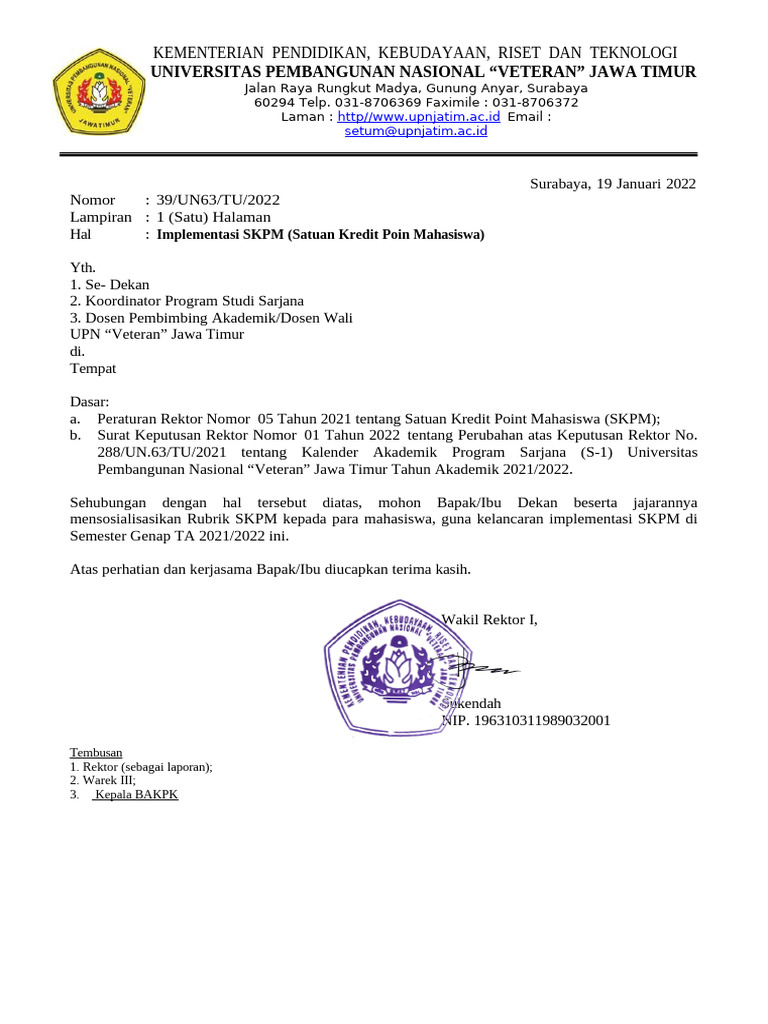 Surat Implementasi SKPM Satuan Kredit Poin Mahasiswa | PDF