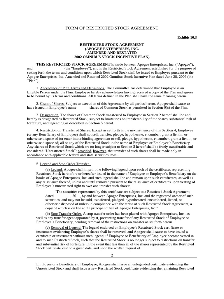 Form of Restricted Stock Agreement | PDF | Vesting | Stocks