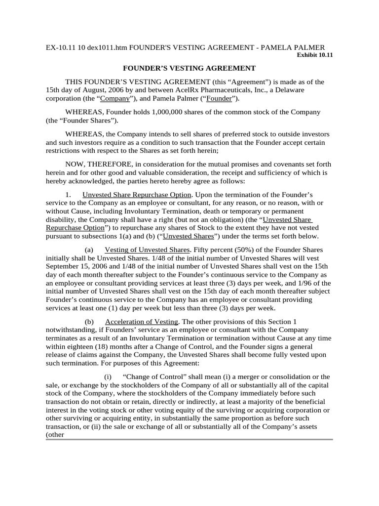 Sample Founder's Vesting Agreement | PDF | Arbitration | Stocks