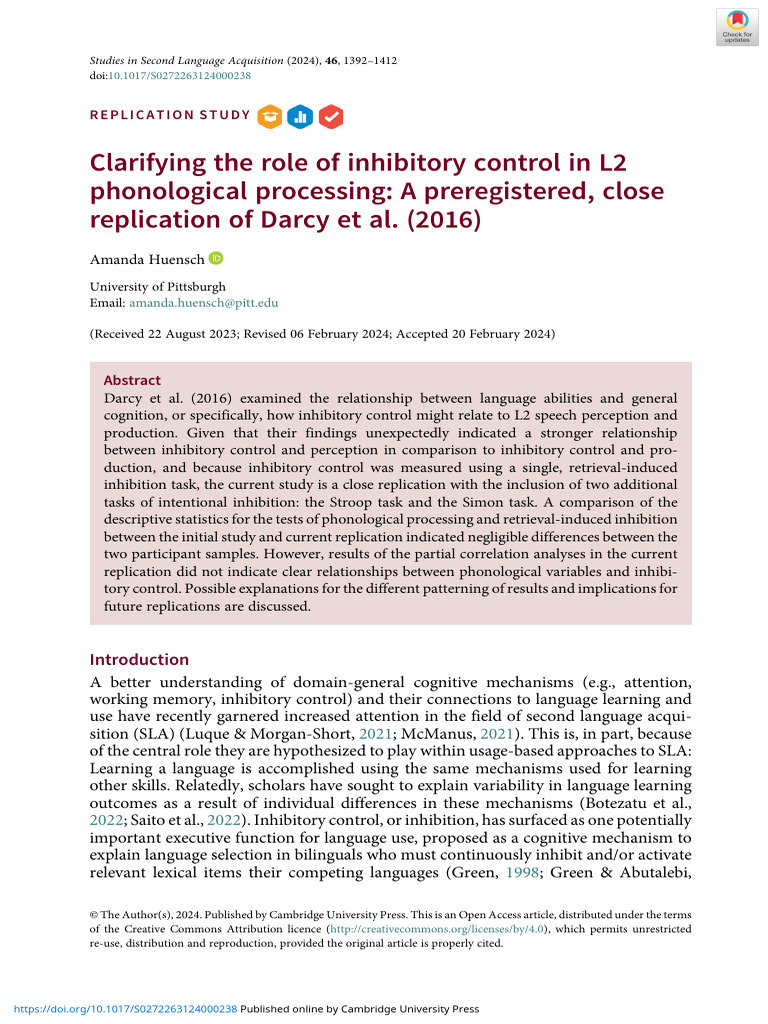 Clarifying The Role of Inhibitory Control in l2 Phonological Processing A Preregistered Close ...
