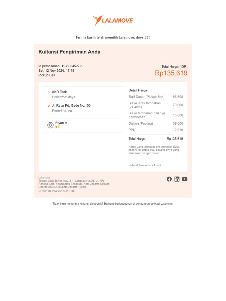 Tarif dan Order Pooling Lalamove | PDF