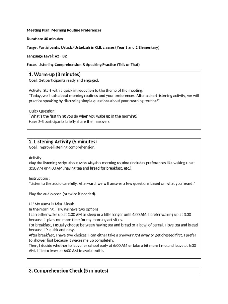 Morning Routine Preferences Meeting Plan | PDF | English Language ...