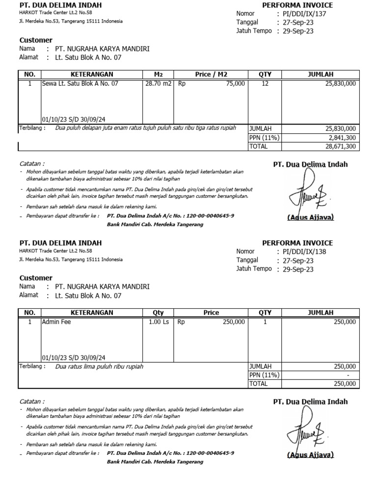 Performa Invoice PT. Dua Delima Indah | PDF