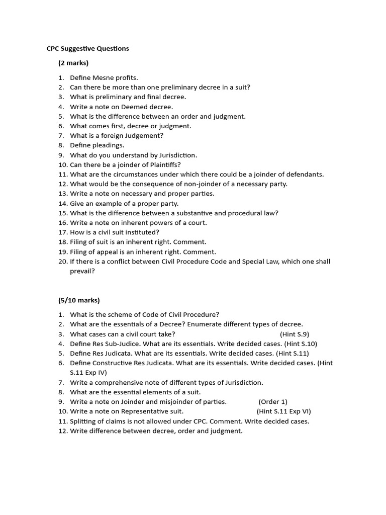 CPC Suggestive Questions | PDF