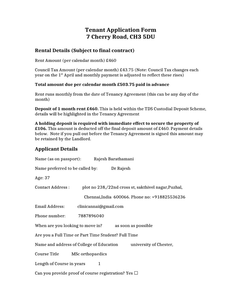 Tenant Application Form - Cherry Road Rajesh | PDF | Landlord | Lease